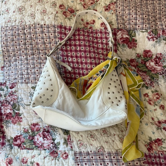 Marlo | Bags | Marlo White Leather Shoulder Bag W Silver Studs And Scarf | Poshmark